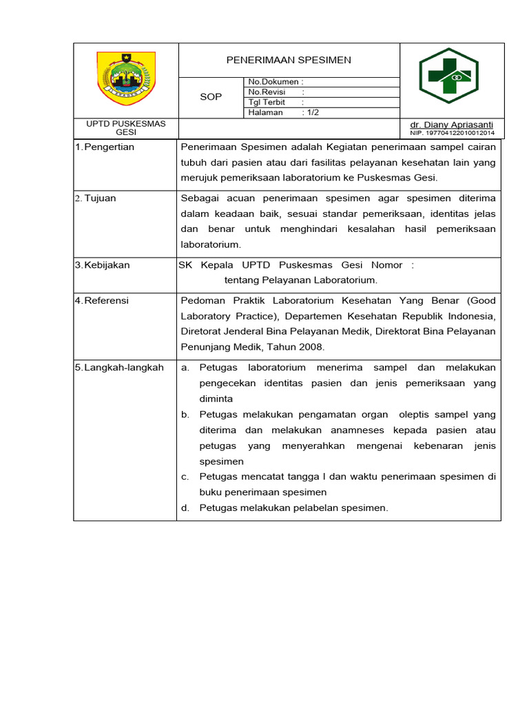 Prosedur Penerimaan Spesimen Laboratorium | PDF | Sains & Matematika