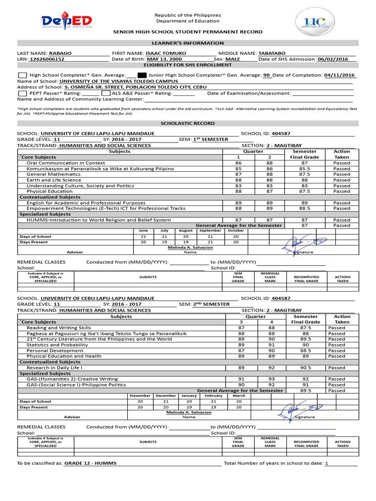 Isaac Form 137 SHS | PDF | Middle Schools