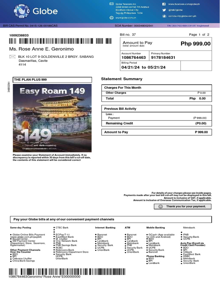 Rose Ann Globe Bill | PDF | Credit Card | Banks