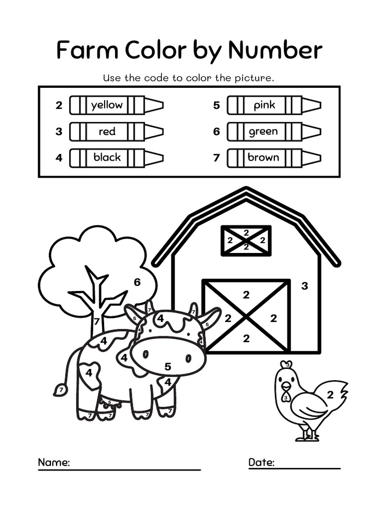 Black and White Farm Math Color by Number Worksheet | PDF