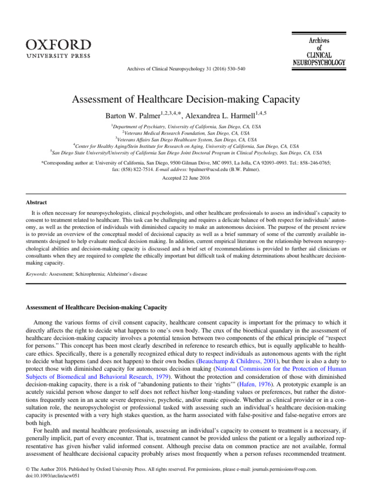 Assessment of Healthcare Decision-Making Capacity | PDF | Informed Consent | Mania