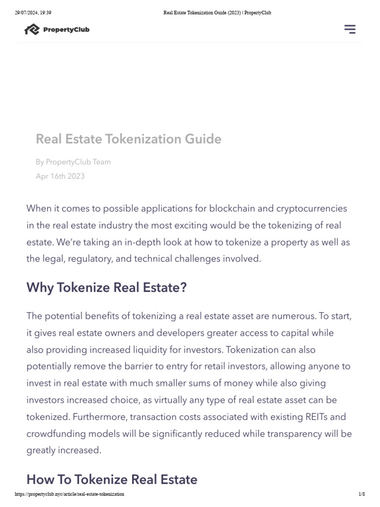 Real Estate Tokenization Guide (2023) - PropertyClub | PDF ...