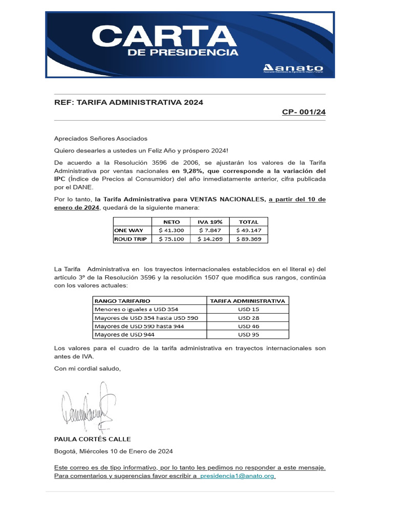 CP-001-24 - Tarifa Administrativa 2024 | PDF | Finanzas y dinero