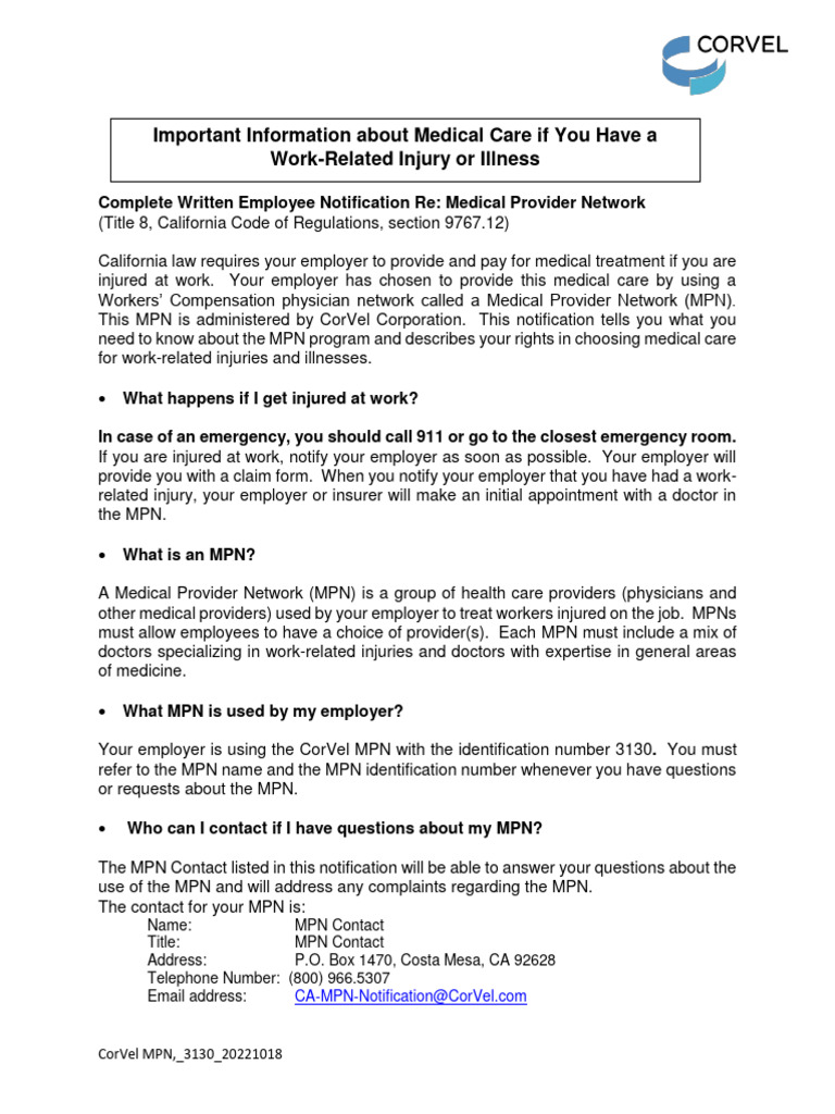 CA Workers Compensation MPN Notification Packet | PDF | Physician ...
