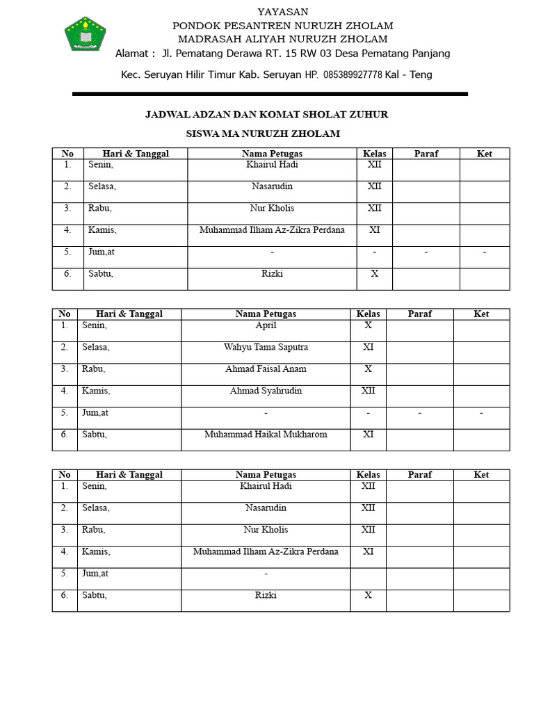 Jadwal Adzan Dan Komat Sholat Zuhur | PDF