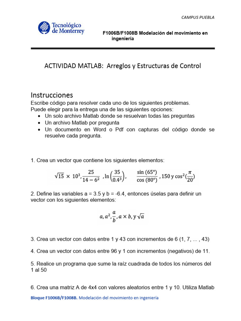 ACTIVIDAD Matlab Arreglos y Estructuras de Control | PDF | Métodos y ...