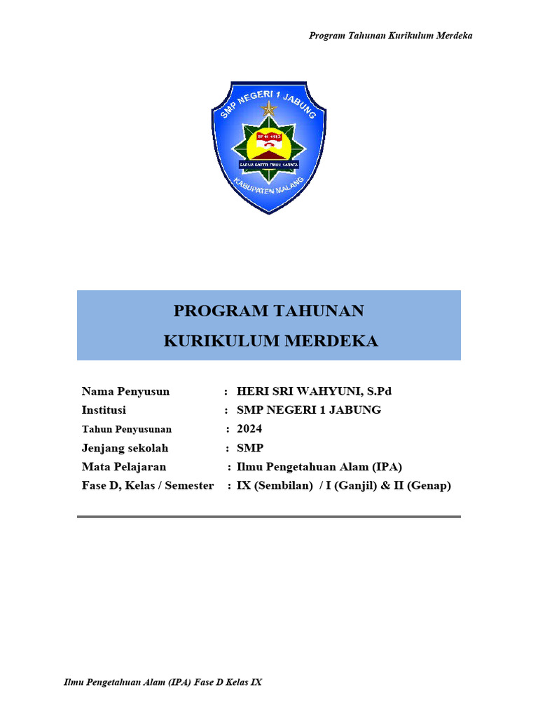 Program Tahunan IPA Kelas IX SMP 2024 | PDF