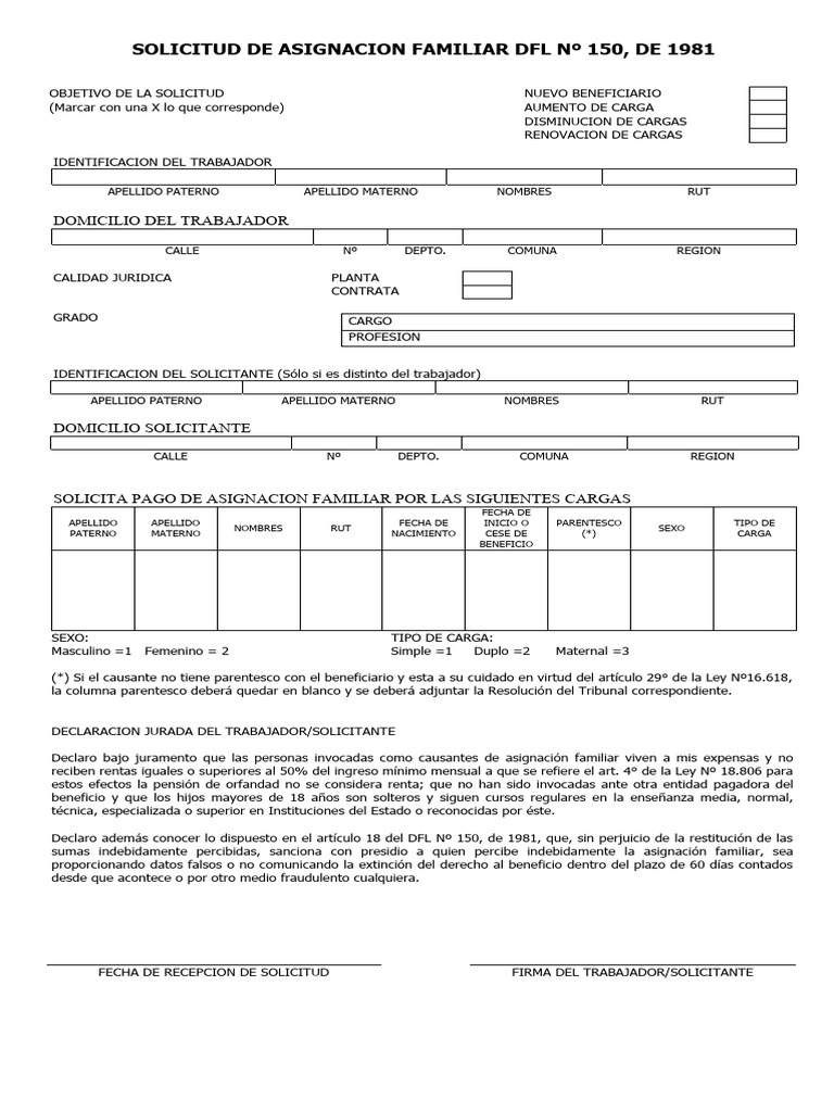 SOLICITUD DE ASIGNACION FAMILIAR DFL NÂ° 150 | PDF | Justicia | Crimen ...