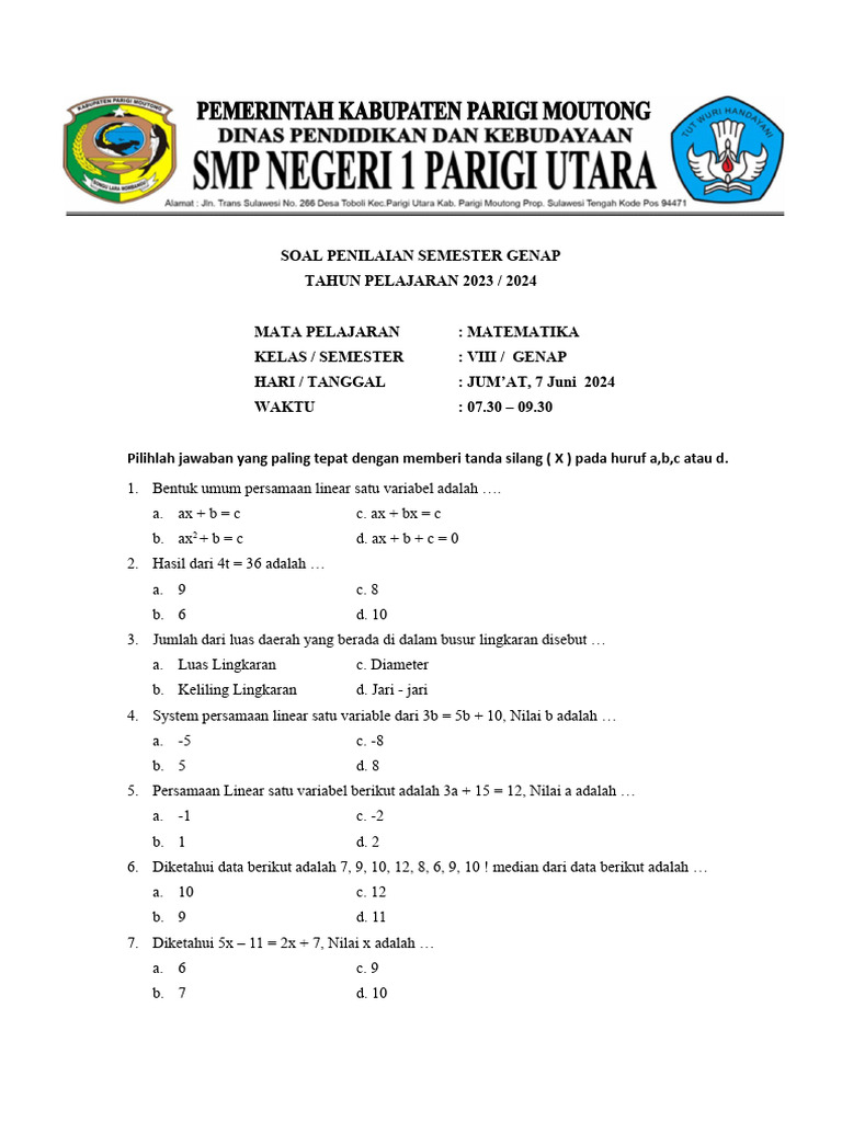 Soal SMP Toboli 2024 Fix | PDF