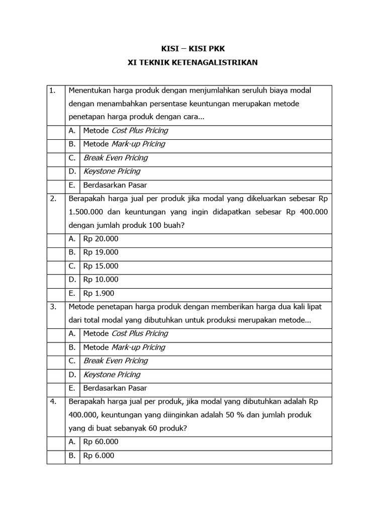 Kisi-Kisi PKK Xi TK Semester Genap 2024 | PDF