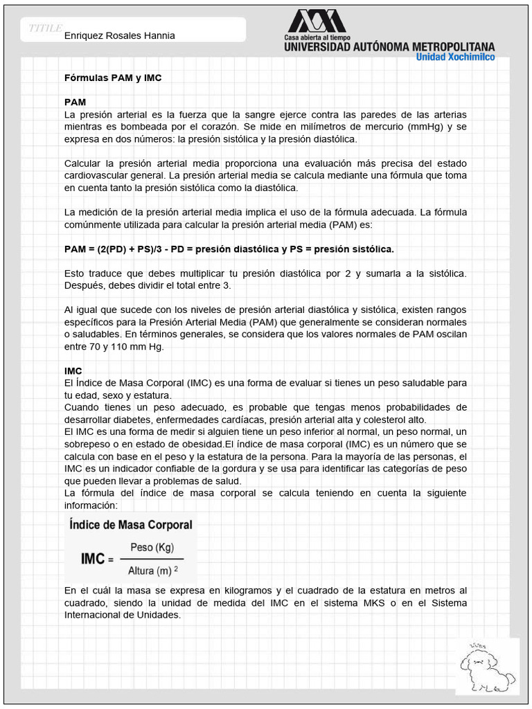 Fórmulas PAM y IMC Enriquez Hannia | PDF