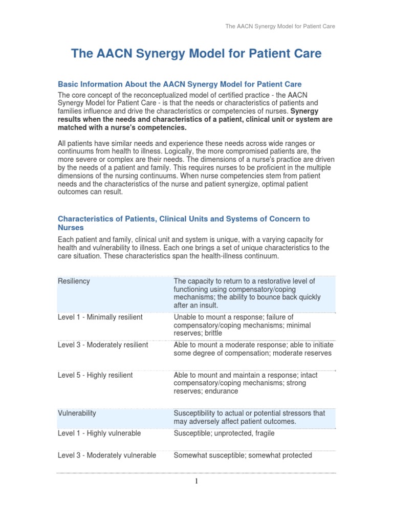 Synergy Model For Patient Care | PDF | Nursing | Health Care