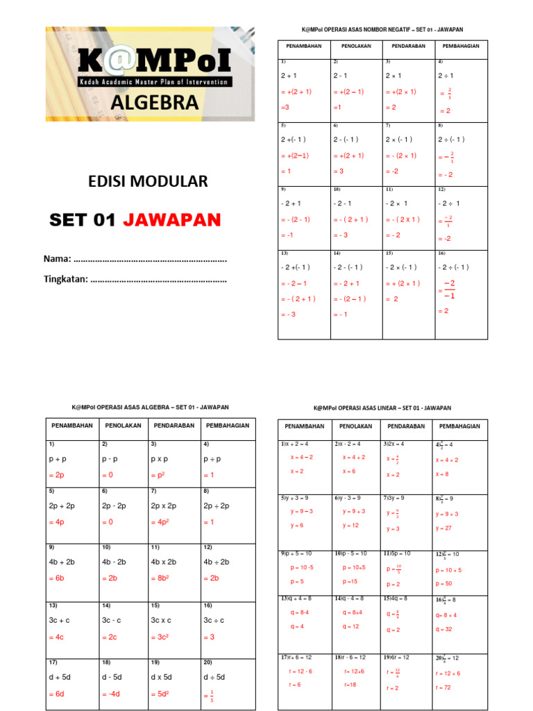 Set 1 K@mpoi Algebra 2022 - Jawapan | PDF | Algebra