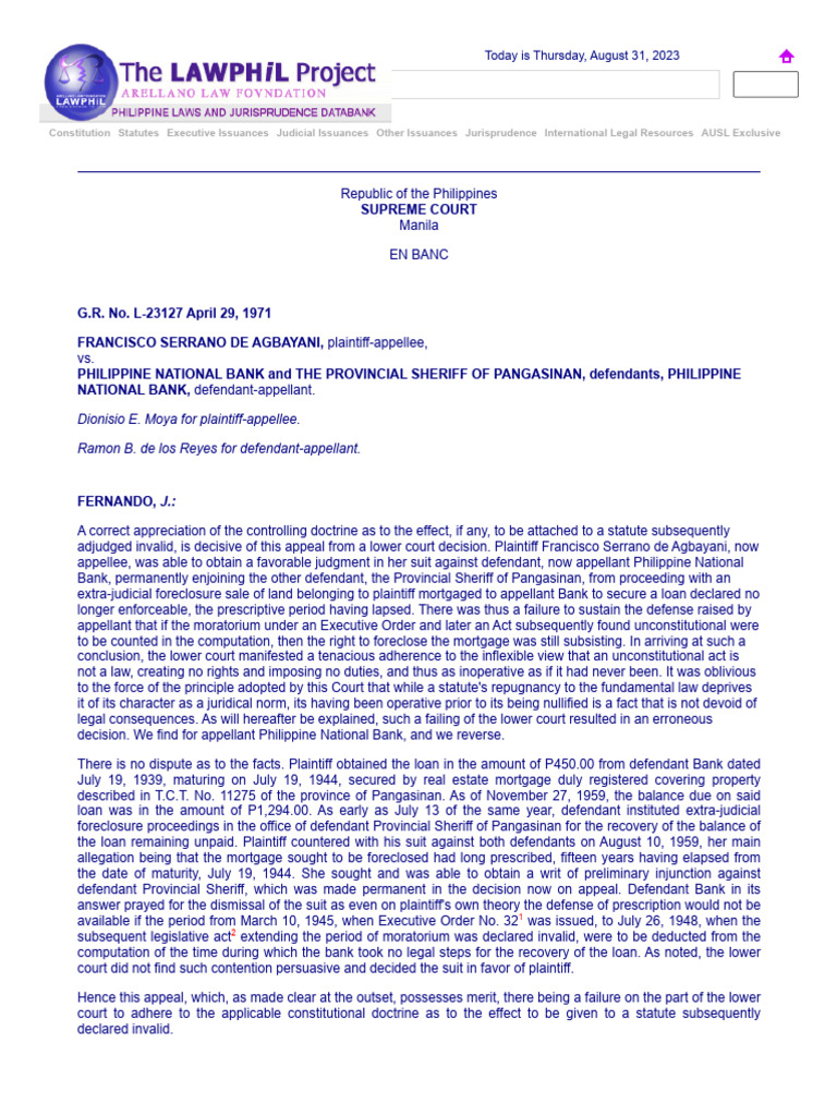 Elib - Serrano de Agbayani Vs PNB G.R. No. L-23127 | PDF | Lawsuit | Foreclosure