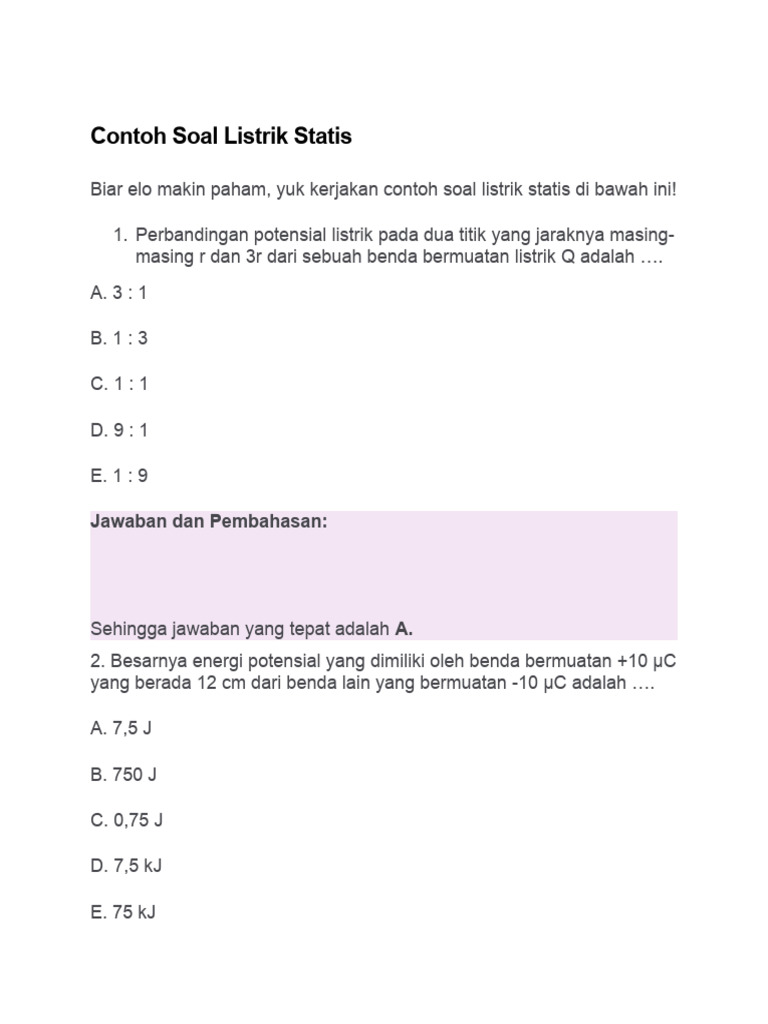 Contoh Soal Listrik Statis Kelas 9 | PDF