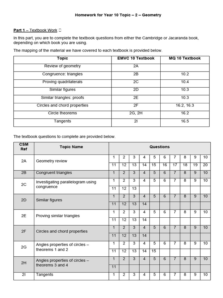 Homework For Year 10 Topic - 2 - Geometry | PDF | Circle | Perpendicular