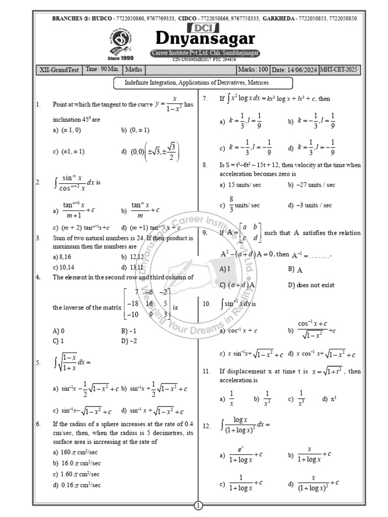 XII Math Grand Test 14.07.2024 | PDF | Trigonometric Functions | Area