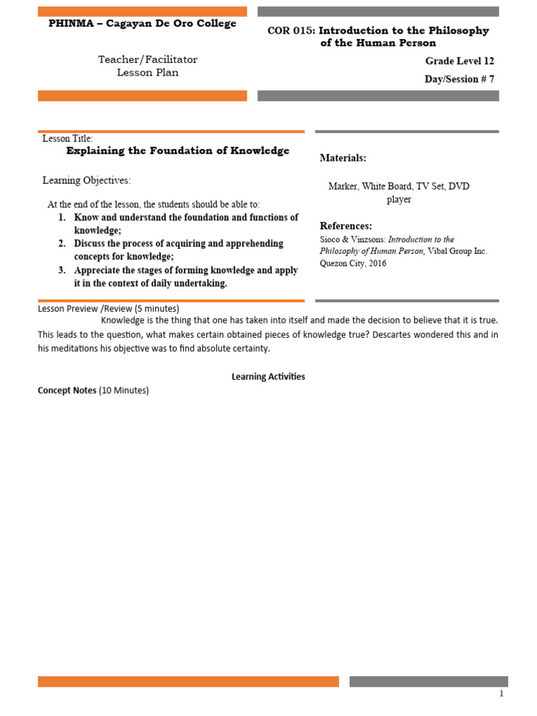 COR 015 - Intro. To The Philo. of The Human Person - Day07 - SAS | PDF | Knowledge | Lesson Plan
