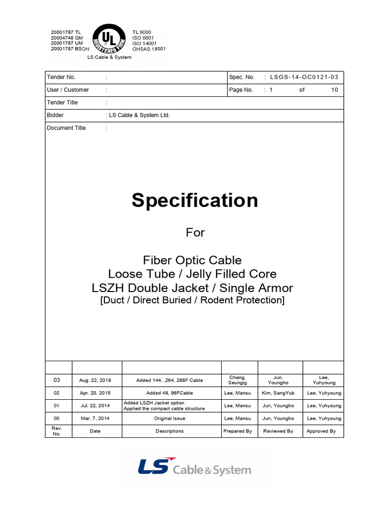 Specification for Fiber Optic Cable | PDF | Optical Fiber | Optics