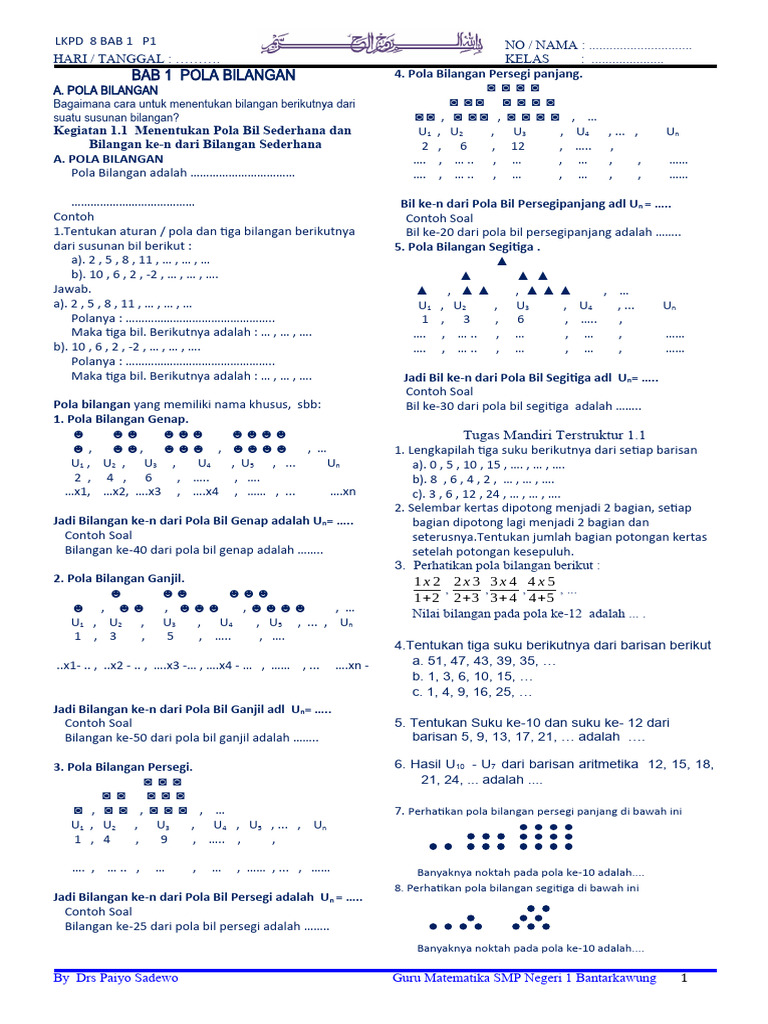 LKPD 8 Bab 1 Pola Bilangan | PDF | Game & Aktivitas | Metode & Bahan Ajar
