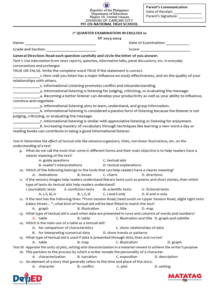 TQ 1st ENG 10 | PDF | Homework | Information