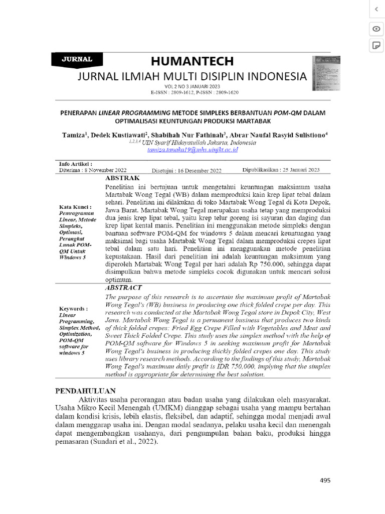 Penerapan Linear Programming Metode Simpleks Berbantuan Pom Qm Dalam 0712