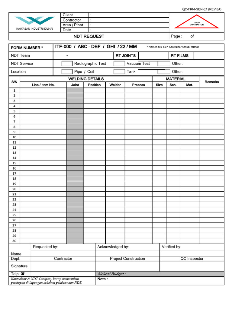 NDT Request Form for QC Inspection | PDF | Technology & Engineering