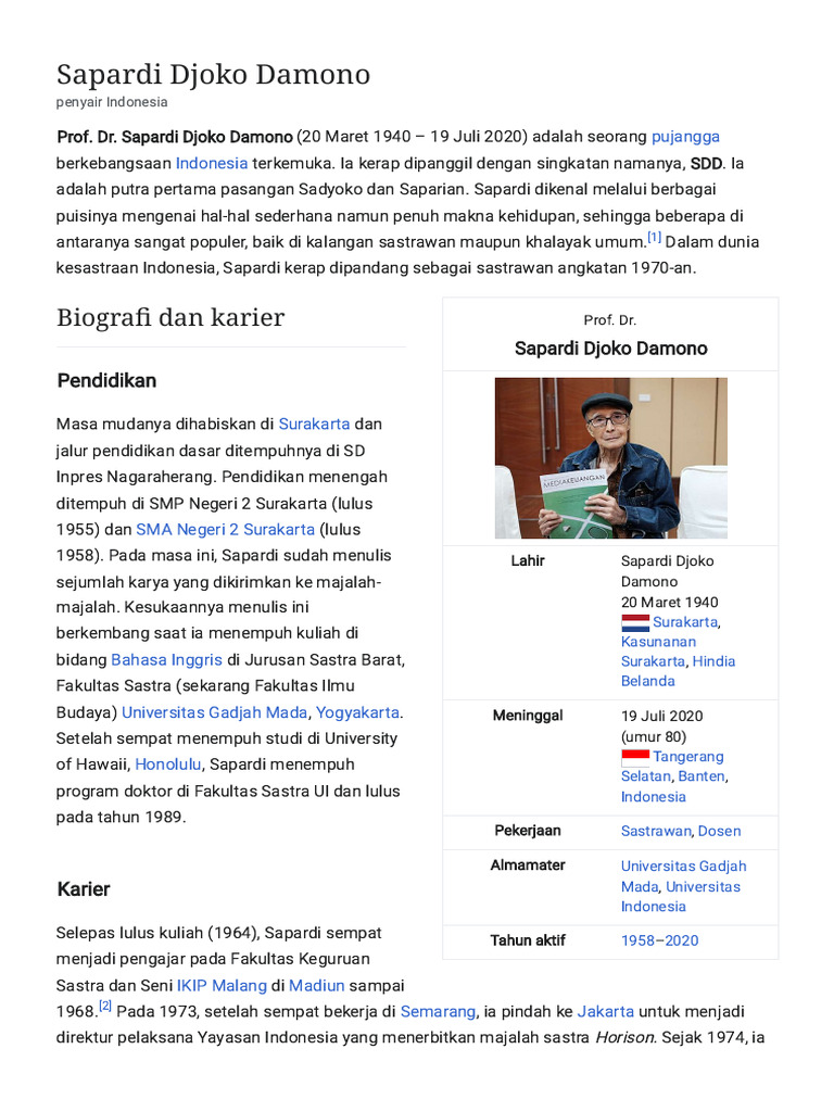 Sapardi Djoko Damono - Wikipedia Bahasa Indonesia, Ensiklopedia Bebas | PDF