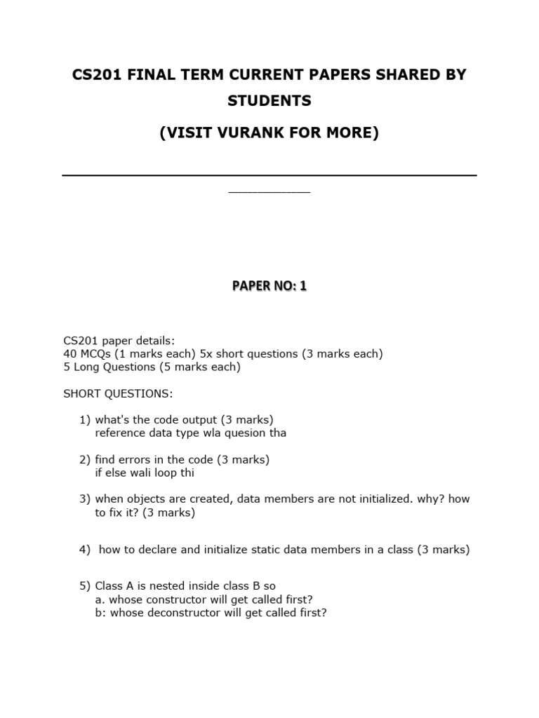 CS201 Current Papers Shared by Students | PDF | Class (Computer Programming) | Pointer (Computer ...