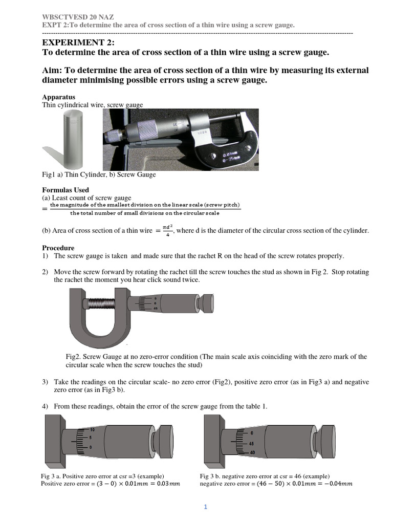 Expt 2 area of cross section of a thin wire using screw gauge ENG | PDF ...