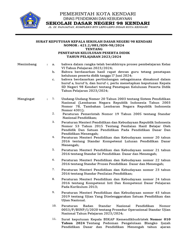 Pengumuman Kelulusan SD 98 Kendari | PDF