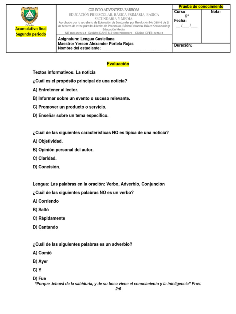 Formato para Talleres o Evlaucaiones Grado 6° | PDF | Lingüística ...