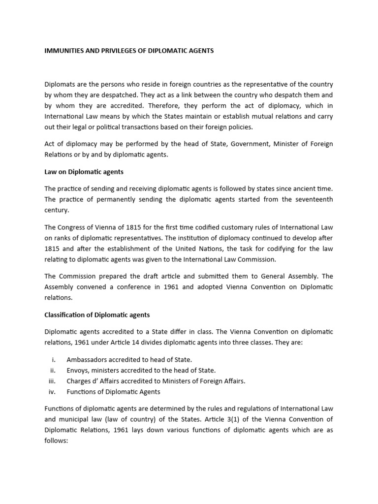 Immunities and Privileges of Diplomatic Agents | PDF | Diplomacy ...