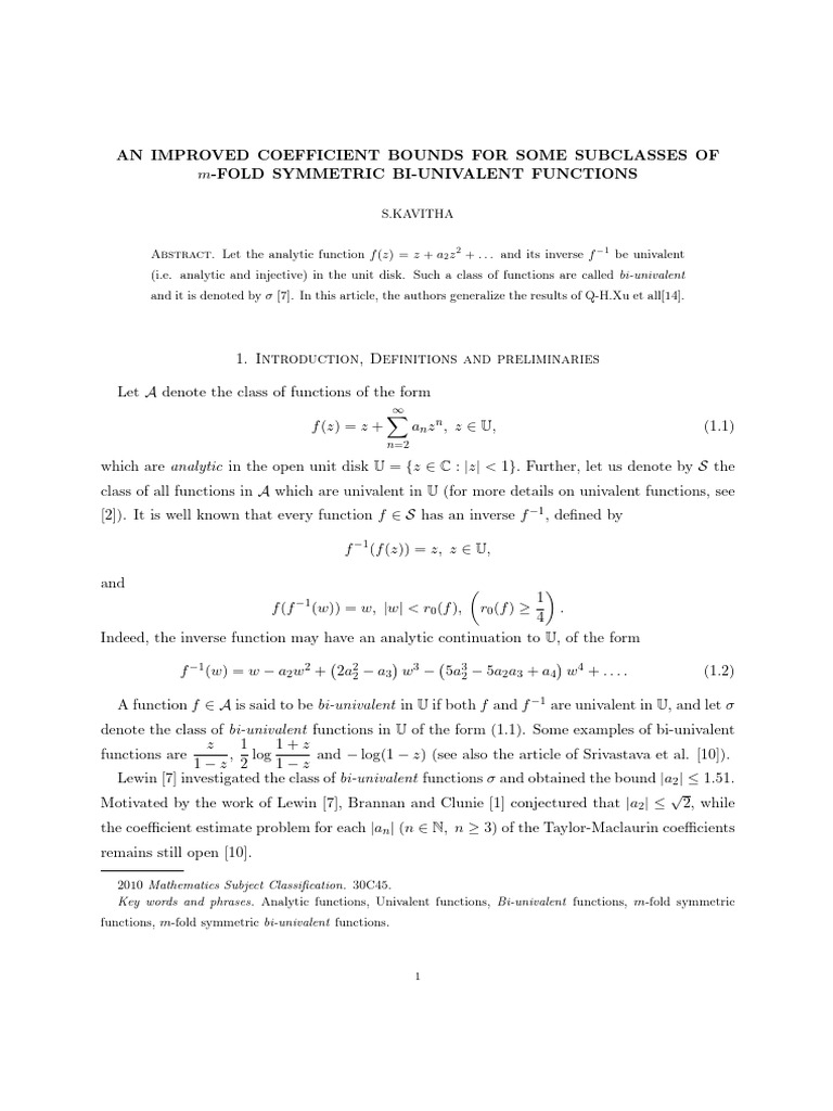 Bi Univalent Pdf Function Mathematics Mathematical Analysis