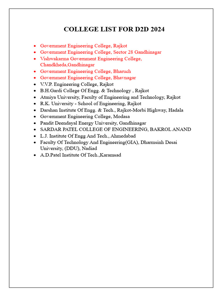 College List for d2d 2024 | PDF