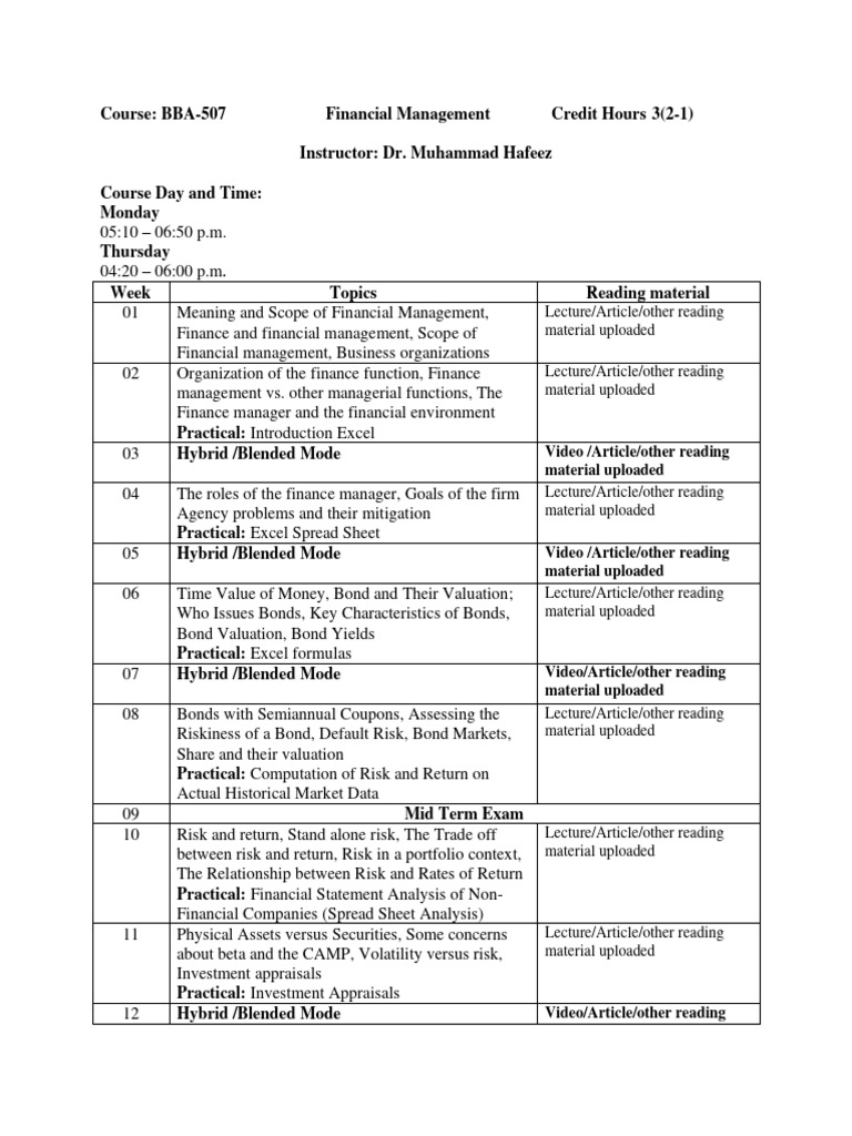 BBA-507 Financial Management Teaching Schedule | PDF | Capital Budgeting | Bonds (Finance)