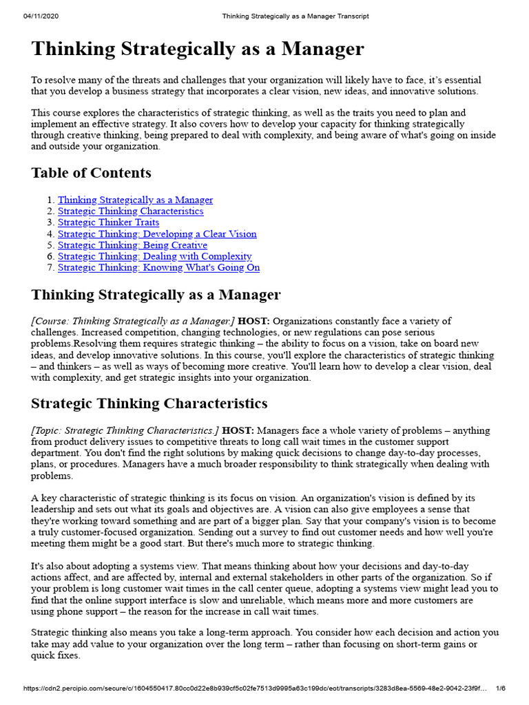 Thinking Strategically as a Manager | PDF | Thought | Strategic Management
