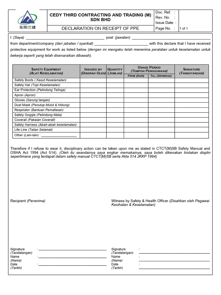 Declaration On PPE Receipt | PDF