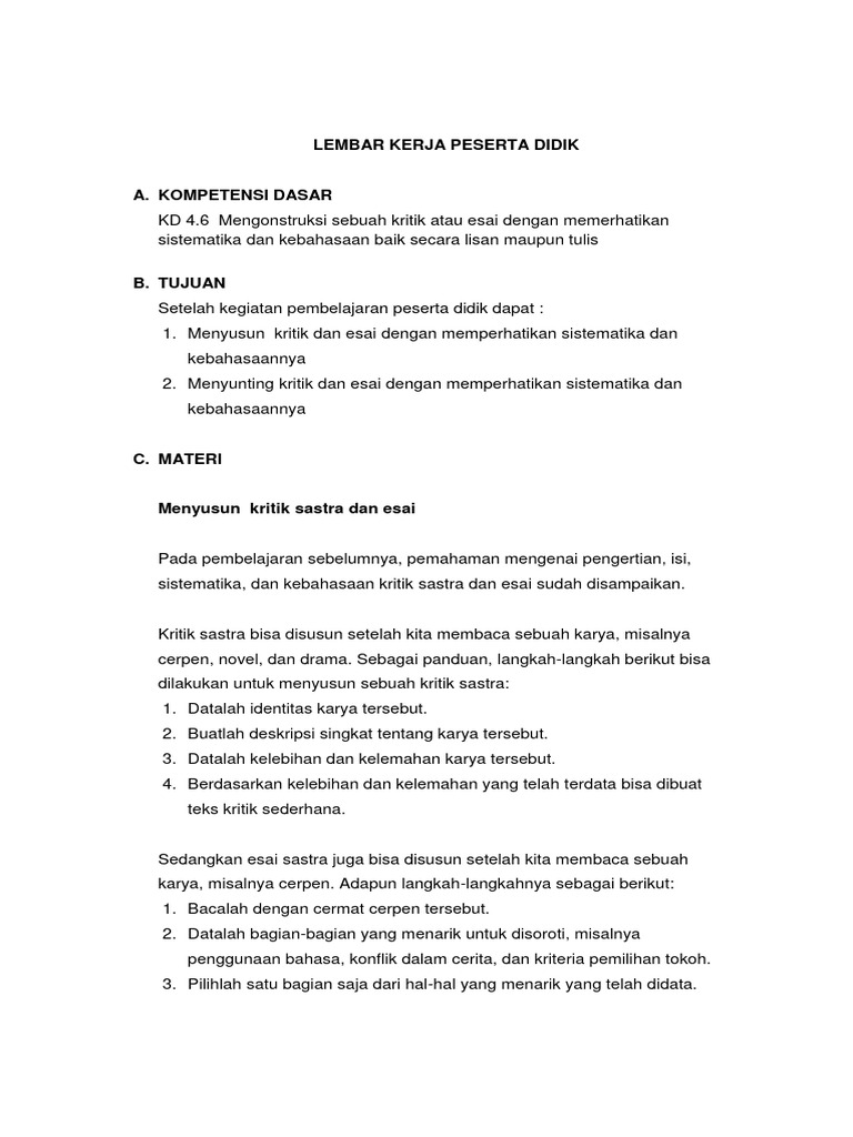 LKPD Mengonstruksi Kritik Sastra Dan Esai | PDF