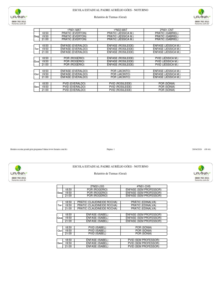 Horário Noturno Escolar 2024 | PDF
