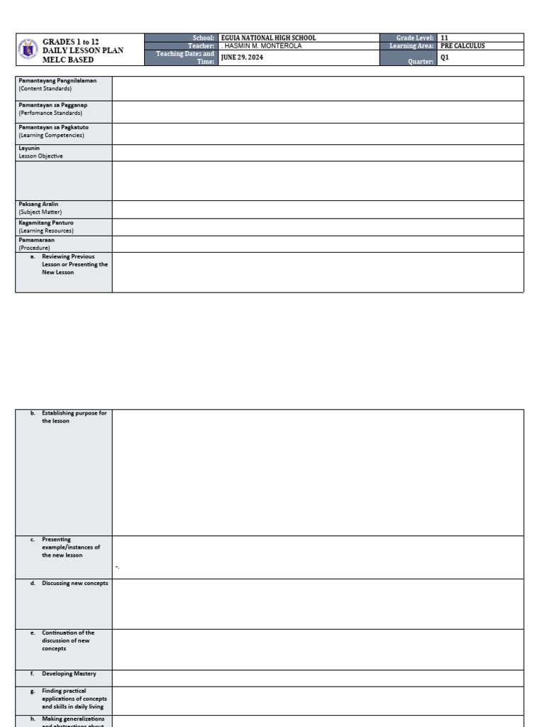 GRADES 1 To 12 Daily Lesson Plan Melc Based | PDF | Career & Growth