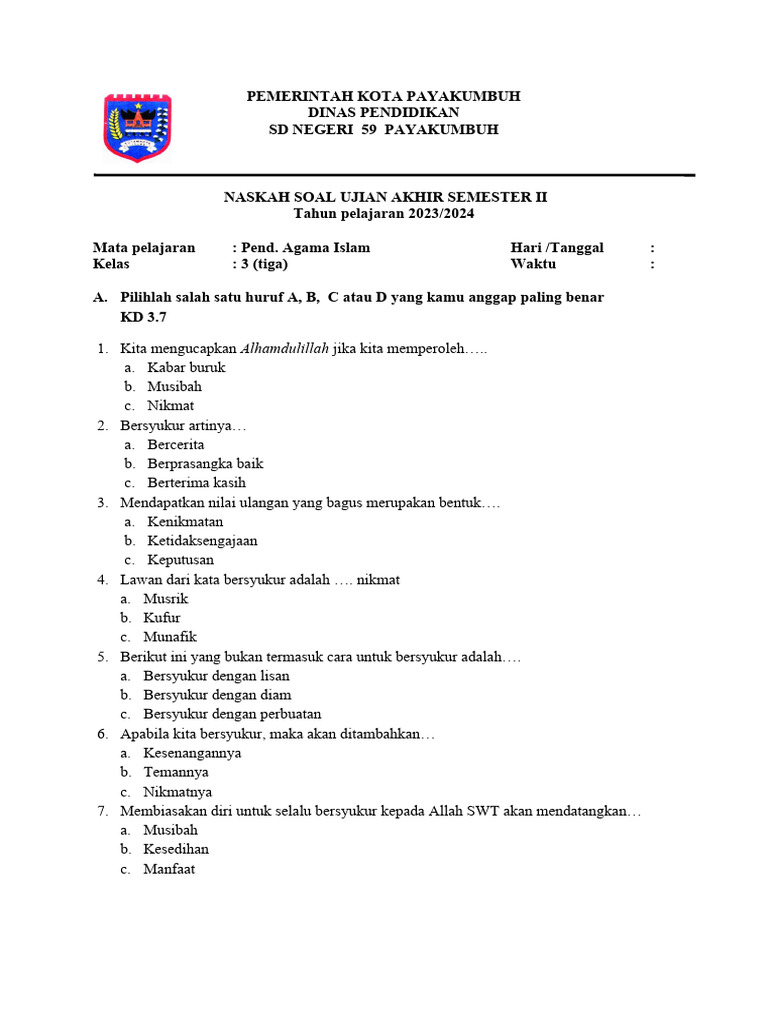 Soal Pai Kls 3 SMT 2 2024 | PDF