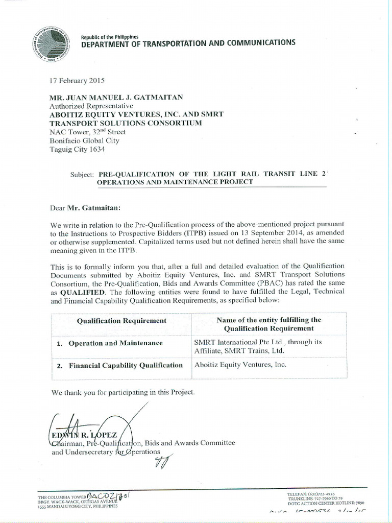 04-GBB 09-2015 PreQual LRT2 OM Aboitiz-Smart 021715 | PDF