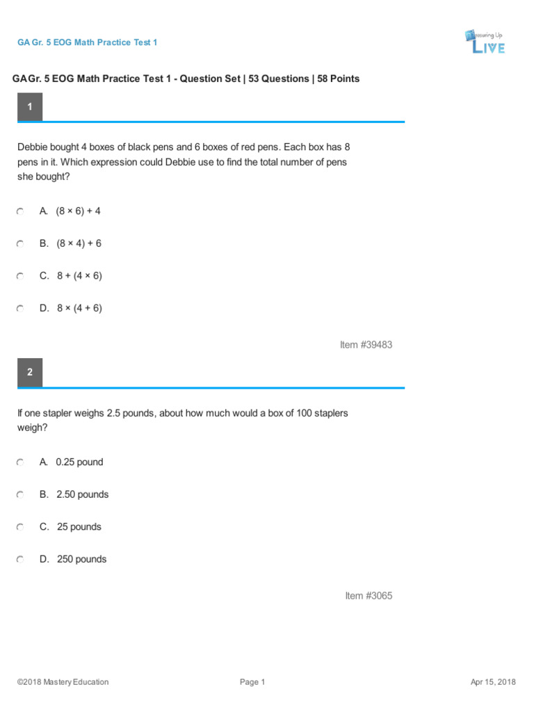 GA Gr. 5 EOG Math Practice Test 1 - Question Set | PDF | Volume ...