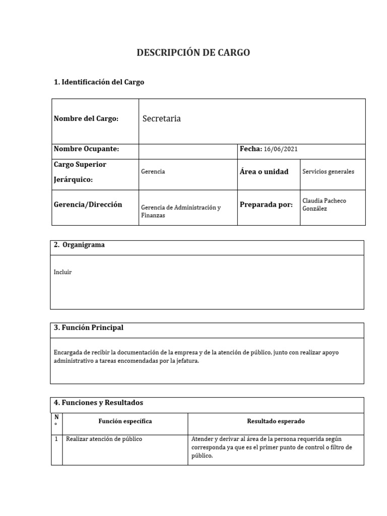 DESCRIPCIÓN DE CARGO - Secretaria | PDF