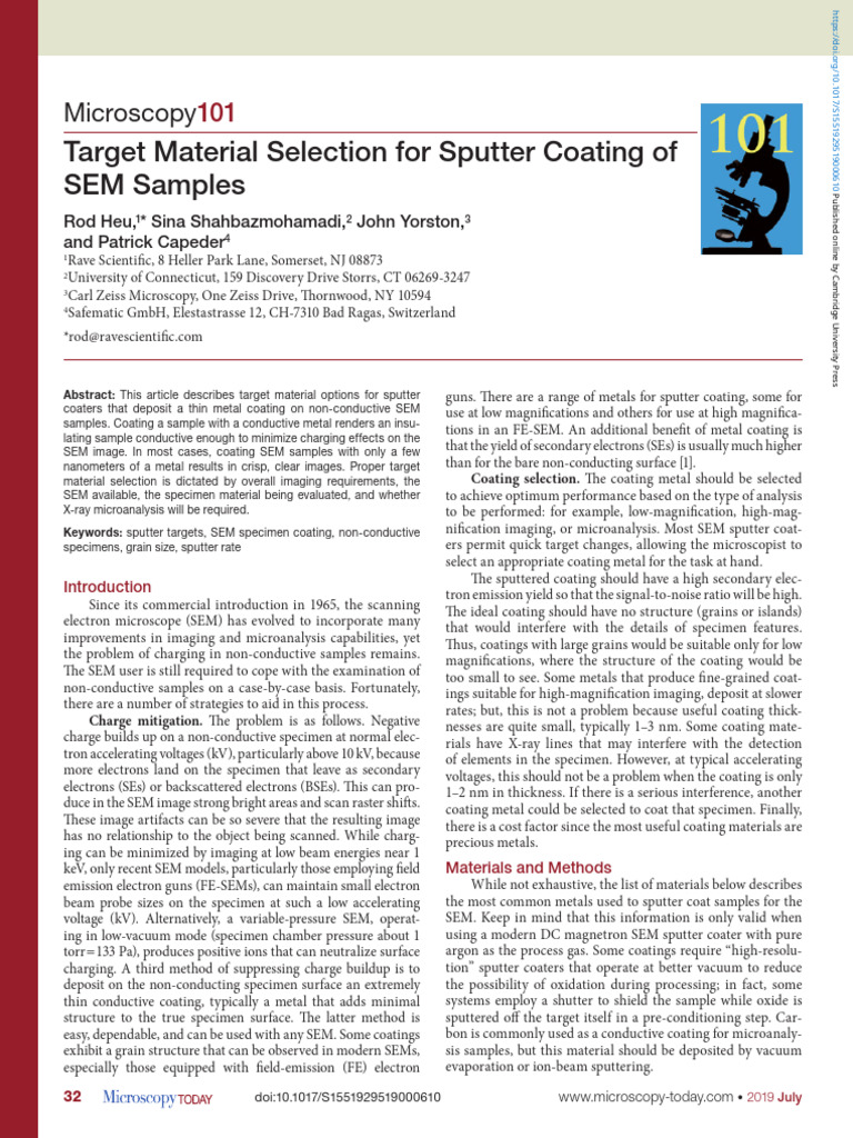 Target Material Selection For Sputter Coating of Sem Samples | PDF ...