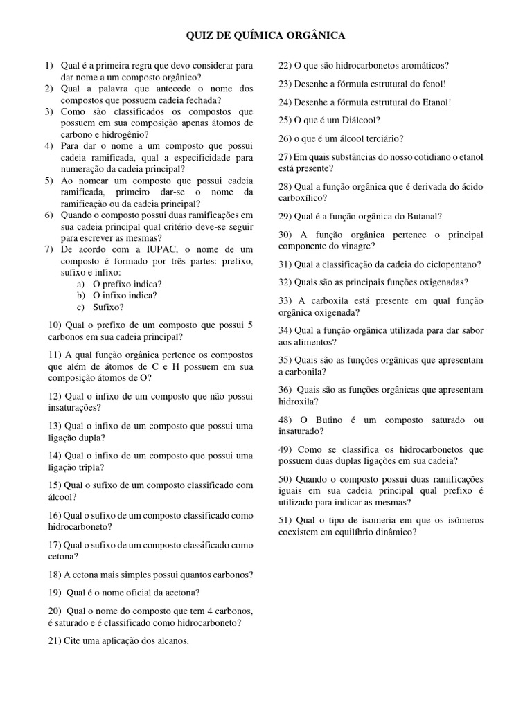 Extra Quiz De Quimica Organica 55 Questoes Pdf Cetona Química