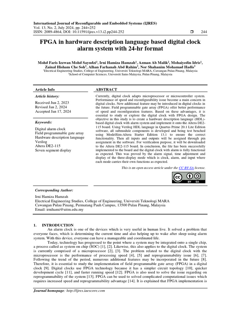 Fpga In Hardware Description Language Based Digital Clock Alarm System With 24 Hr Format Pdf 