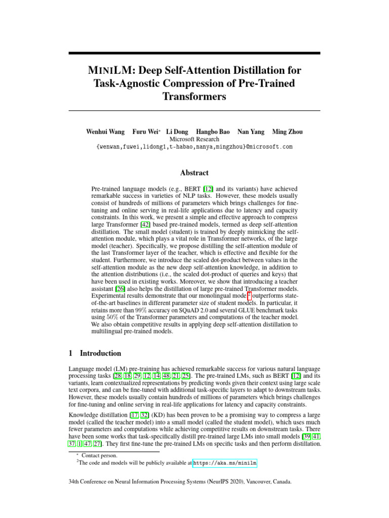 NeurIPS 2020 Minilm Deep Self Attention Distillation For Task Agnostic Compression of Pre ...
