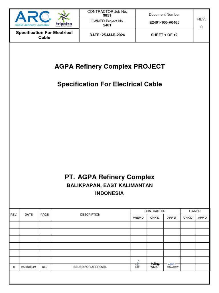 Electrical Cable Specs for AGPA Refinery | PDF | Electrical Wiring | Specification (Technical ...